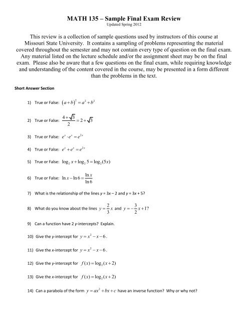 MATH 135 â Sample Final Exam Review - Missouri State University