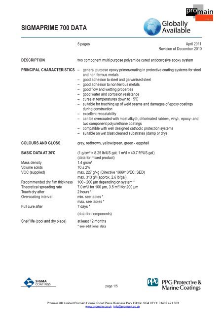 SIGMAPRIME 700 DATA - Promain