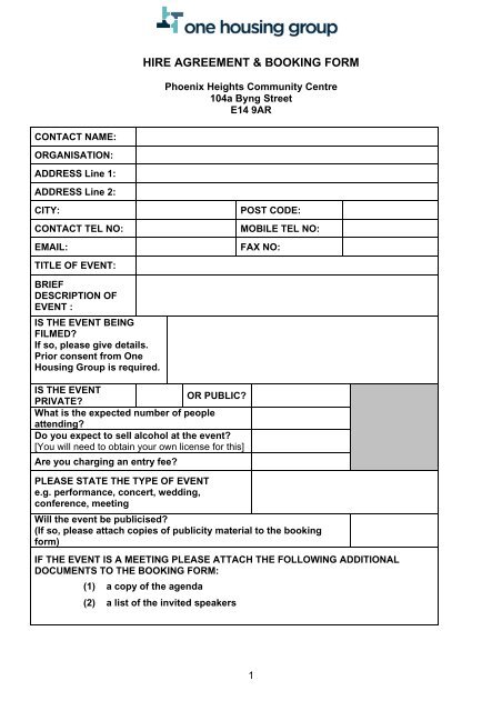 Phoenix Heights Community Centre booking form - One Housing ...