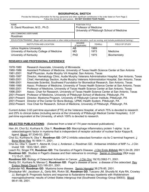 BIOGRAPHICAL SKETCH G. David Roodman, M.D., Ph.D. Professor ...