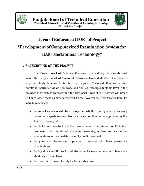 Term of Reference (TOR) of Project - Punjab Board of Technical ...