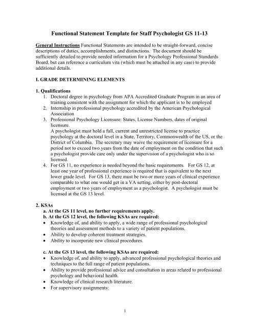 Functional Statement for Clinical Psychologist GS 13 - Association of ...
