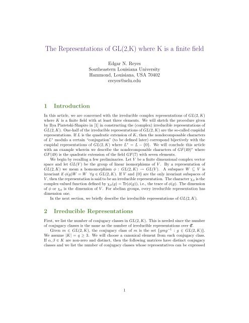 The Representations of GL(2,K) where K is a finite field - MAA Sections