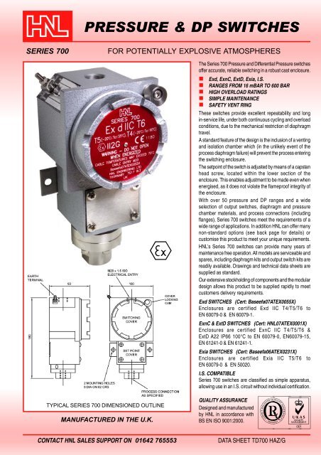 HNL Series 700 Pressure Switches for hazardous areas