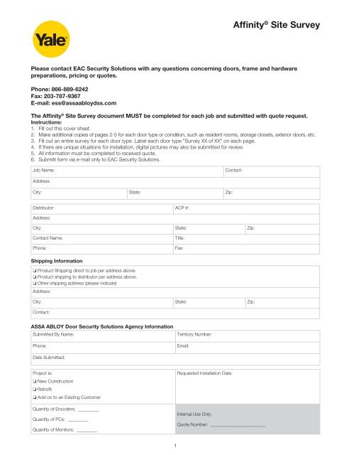 YALE Affinity Site Survey Form - Access Control Solutions from ...