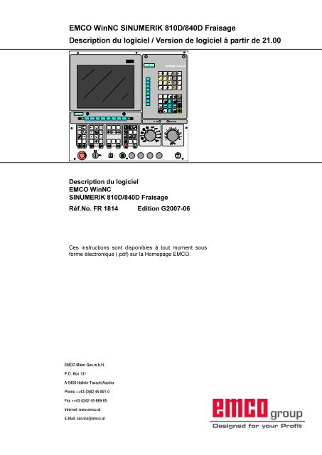 EMCO WinNC SINUMERIK 810D/840D Fraisage Description du ...