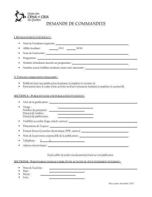 Formulaire de commandites