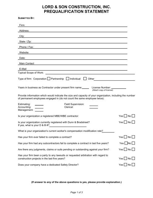 subcontractor pre-qualification package - Lord and Son Construction ...
