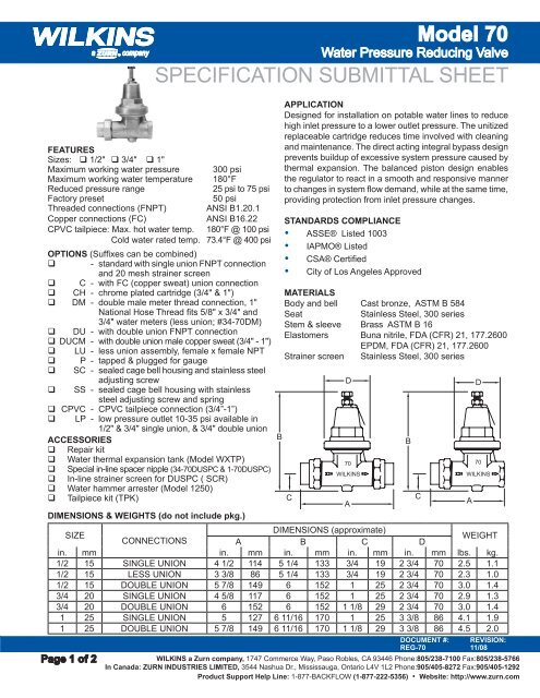 1" Pressure Reducing Valve Specification Sheet - Global Industrial ...
