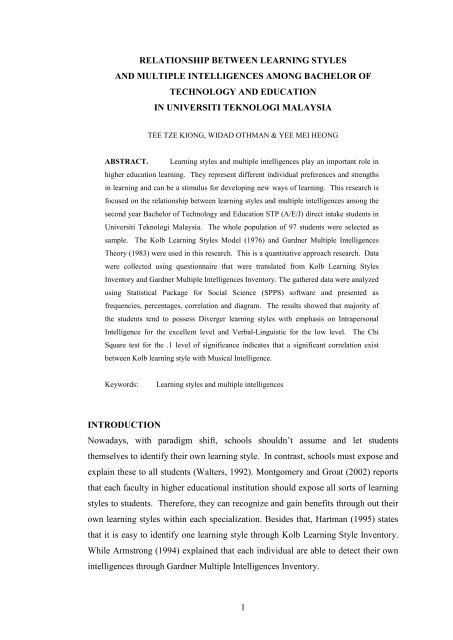 1 relationship between learning styles and multiple intelligences ...