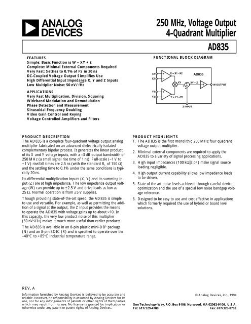 AD835 250 MHz, Voltage Output 4-Quadrant Multiplier