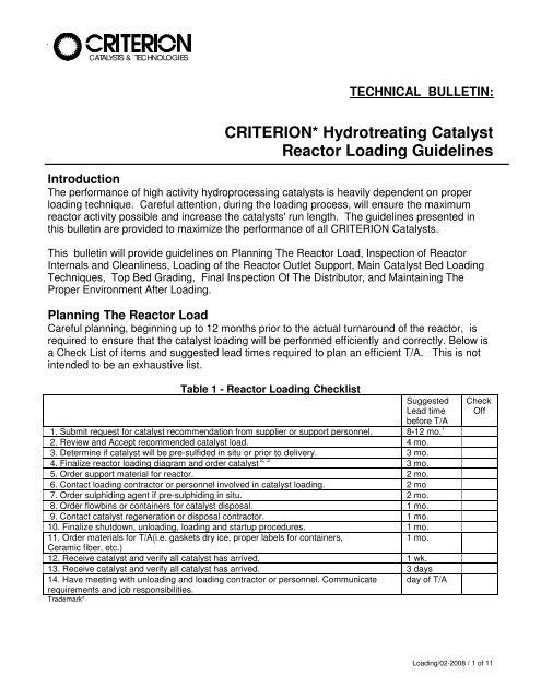 CRITERION* Hydrotreating Catalyst Reactor Loading Guidelines