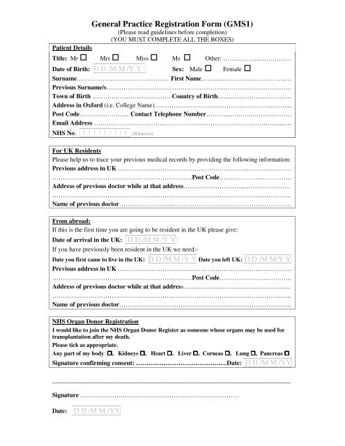 General Practice Registration Form (GMS1) Mrs Miss