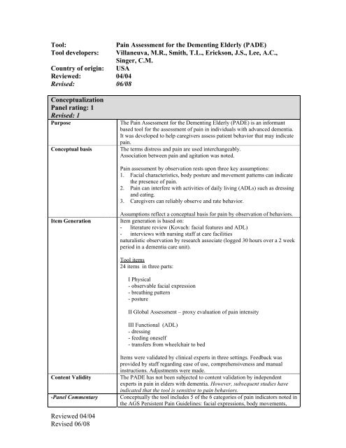 Pain Assessment for the Dementing Elderly