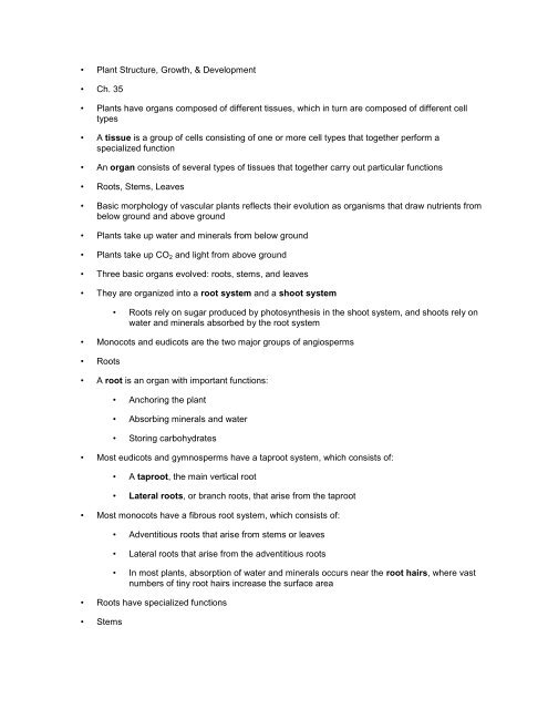 Plant Structure, Growth, & Development â ¢ Ch. 35 â ¢ Plants have ... - CBU