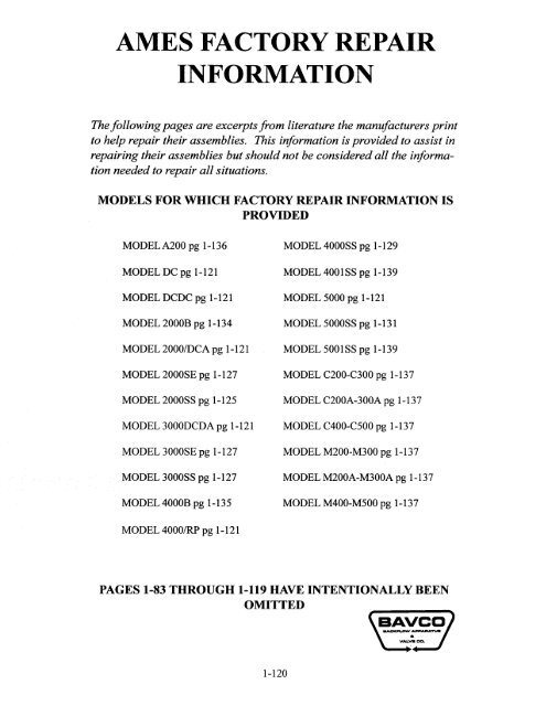 Ames Factory Repair Information - All Models (Printable) - BAVCO