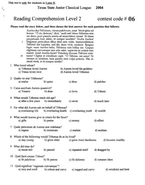 Reading Comprehension Level 2 contest code