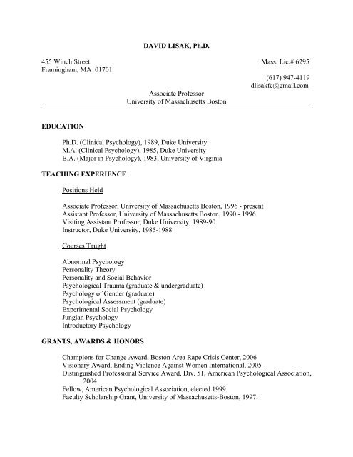 CV of Dr. David Lisak - Terry Williams Clemency