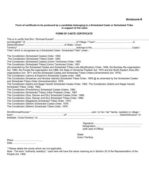 Annexure VI : SC/ST Certificate