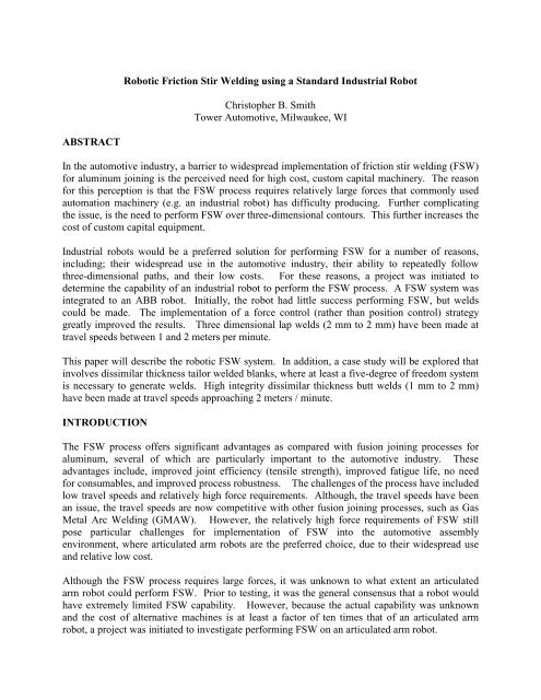 Robotic Friction Stir Welding using a Standard ... - Friction Stir Link