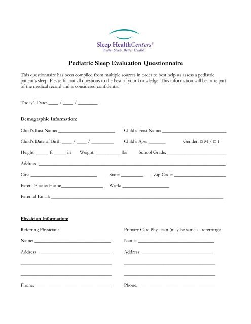 Pediatric Sleep Evaluation Questionnaire - Sleep HealthCenters