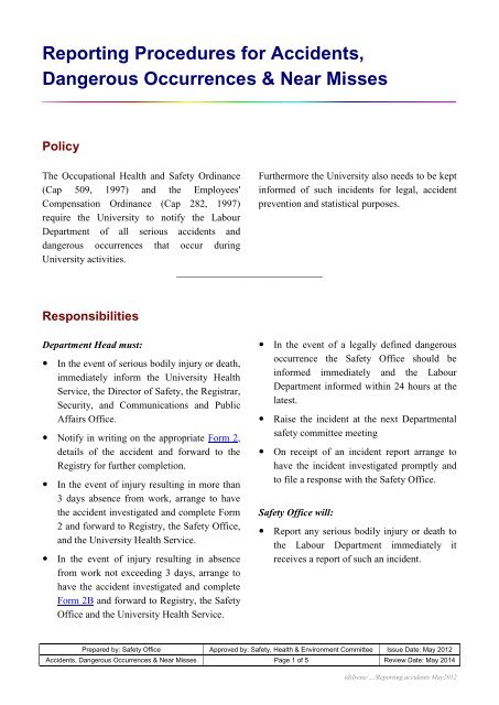 Accidents, Dangerous Occurrences & Near Miss Reports