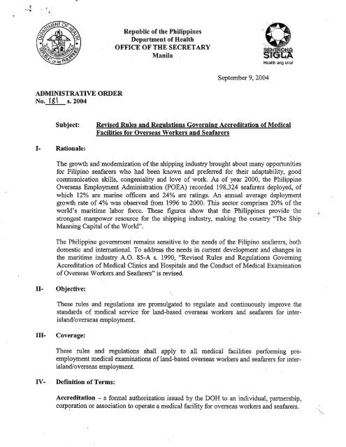 Administrative Order No. 181 s. 2004 - DOH