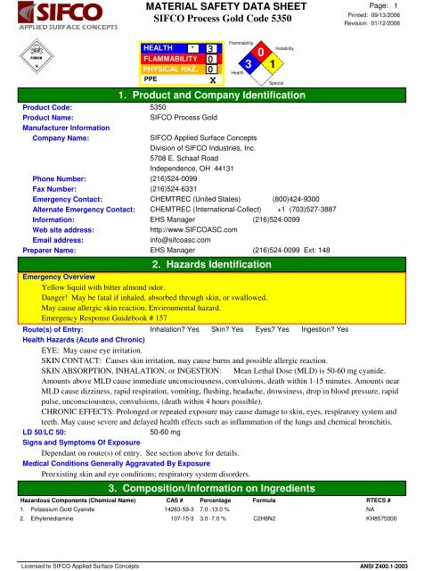 SIFCO Process Gold Code 5350 MATERIAL SAFETY ... - Categories