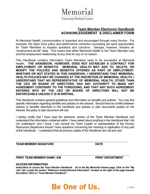 Team Member Electronic Handbook ACKNOWLEDGEMENT ...