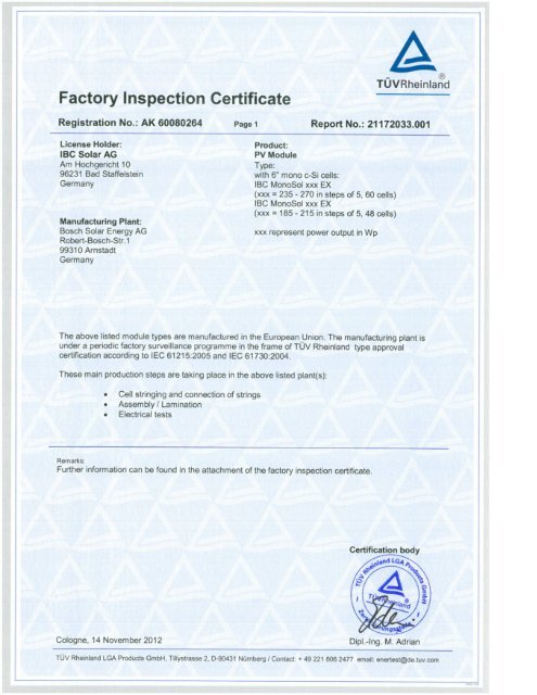 Factory Inspection Certificate - IBC Solar
