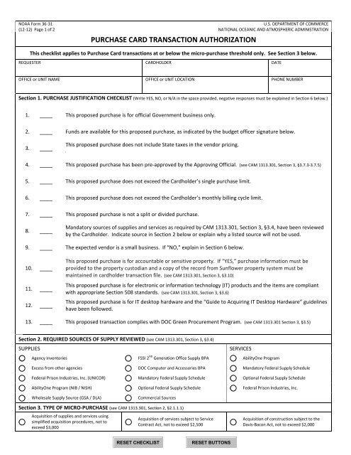 NOAA Form 36-31 Purchase Card Transaction Authorization