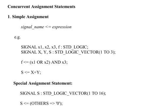 VHDL assignment statements VHDL assignment statements