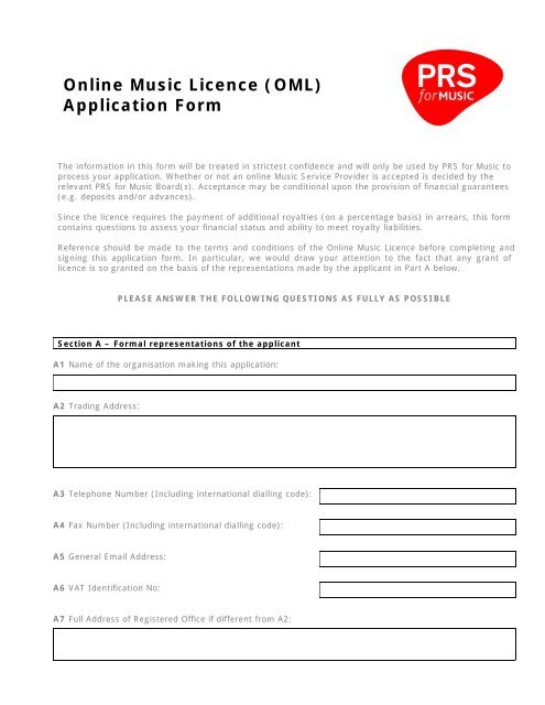 Online Music Licence (OML) Application Form - PRS
