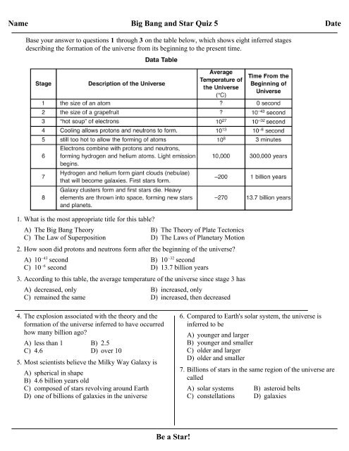 Quiz 5 on Big Bang and Stars