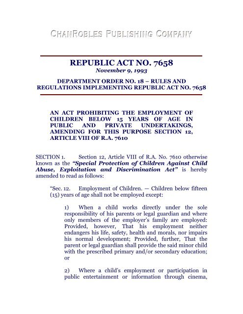 REPUBLIC ACT NO. 7658 - Chan Robles and Associates Law Firm
