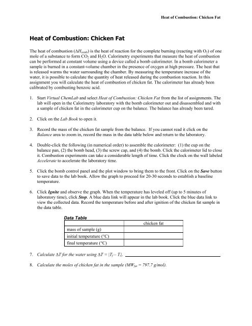 Heat Of Combustion Table