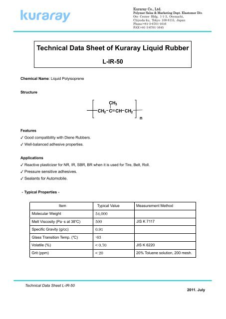 Technical Data Sheet of Kuraray Liquid Rubber L-IR-50