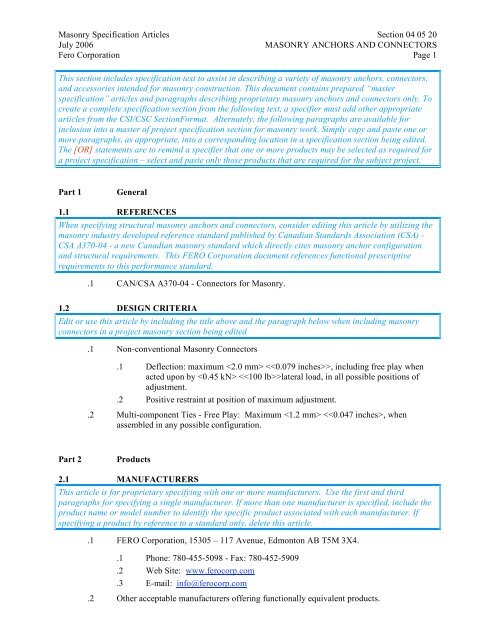 Masonry Specification Articles Section 04 05 20 July 2006 ... - Fero