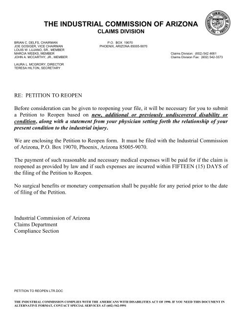 Petition to Reopen a Claim - Industrial Commission of Arizona