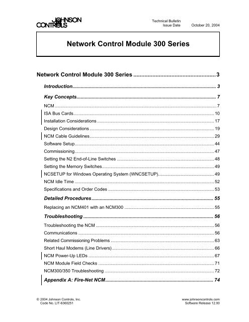 Network Control Module 300 Series Technical Bulletin - Johnson ...