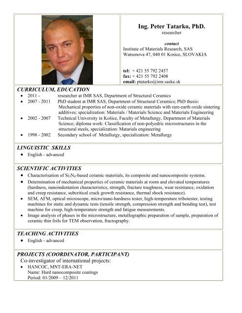 Ing. Peter Tatarko, PhD.