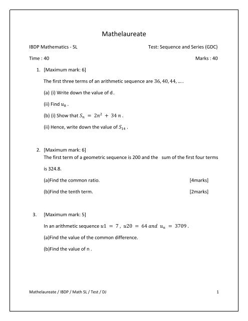 sequence and series test – SL - Mathelaureate sequence and series test – SL - Mathelaureate