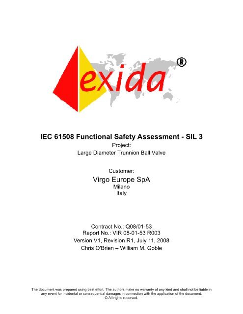 IEC 61508 Functional Safety Assessment - SIL 3 Virgo ... - Exida IEC 61508 Functional Safety Assessment - SIL 3 Virgo ... - Exida