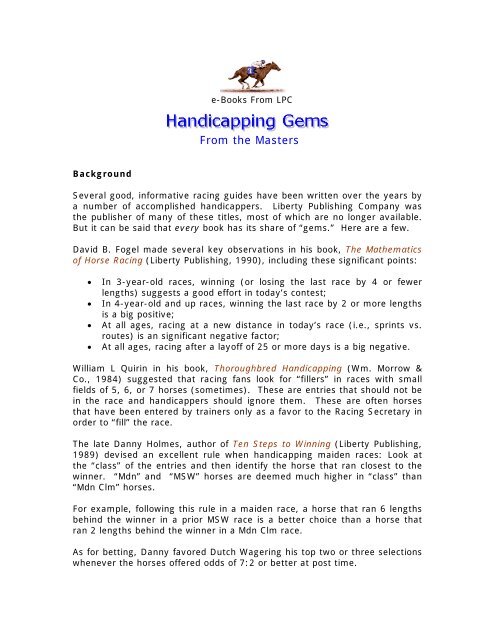 Gems - Horse Racing Software for handicapping at HorseRacing ...