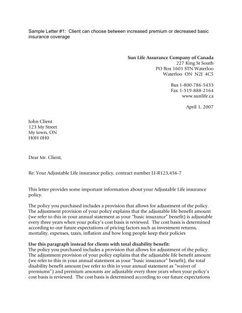 Sample Letter #1: Client can choose between ... - Sun Life Financial
