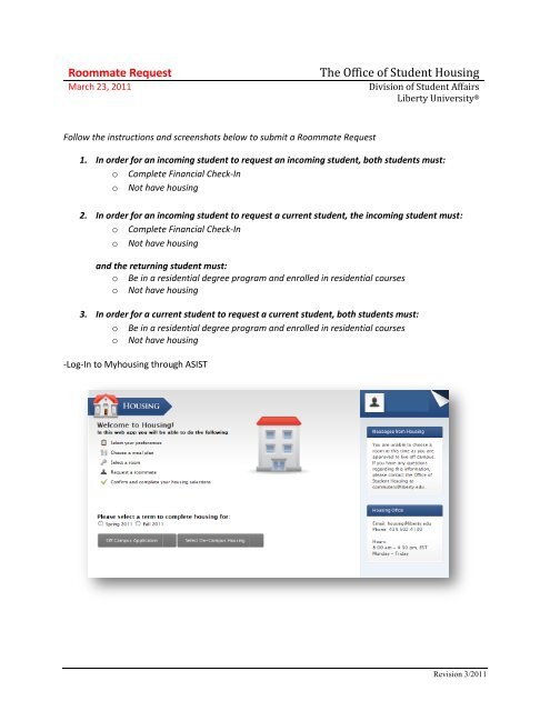 Roommate Request The Office of Student Housing - Liberty University