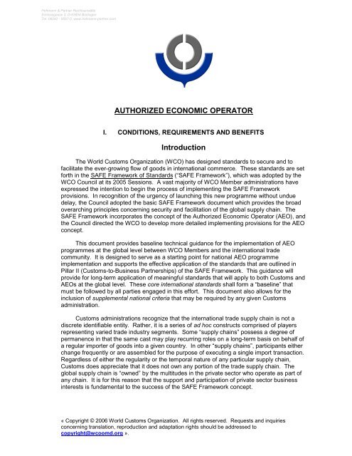 WCO: Safe Framework, AEO - Hohmann