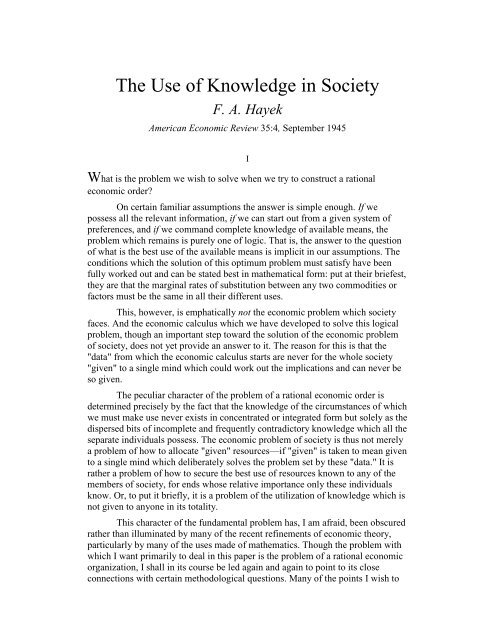 The Use of Knowledge in Society - Stephen Hicks, Ph.D.