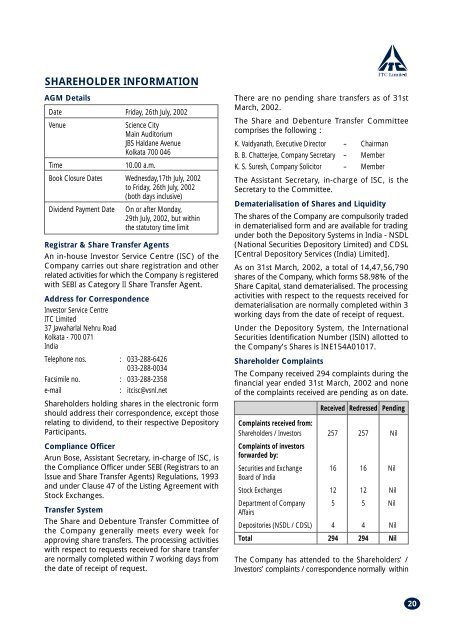 SHAREHOLDER INFORMATION - ITC Ltd