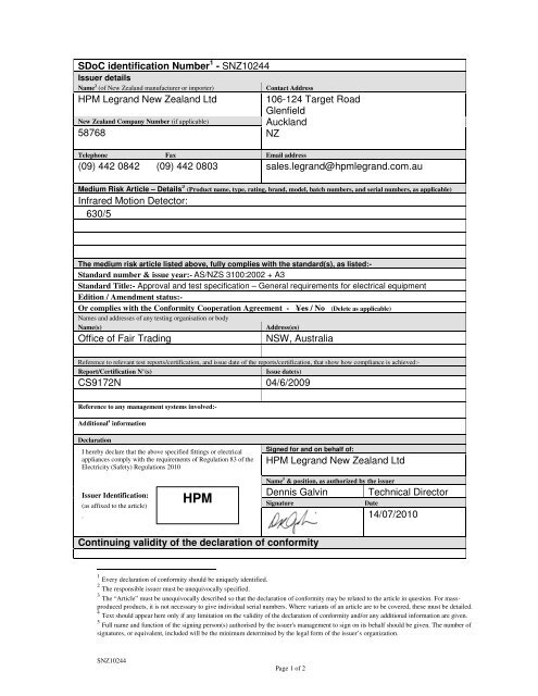 SDoC identification Number1 - SNZ10244 HPM Legrand New ...